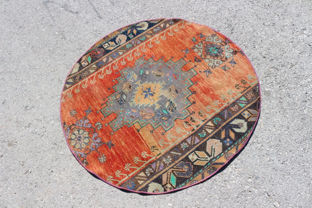 Vintage Rug, Small Carpet, Round Rug, Turkish Rug, Home Decor Carpet ...