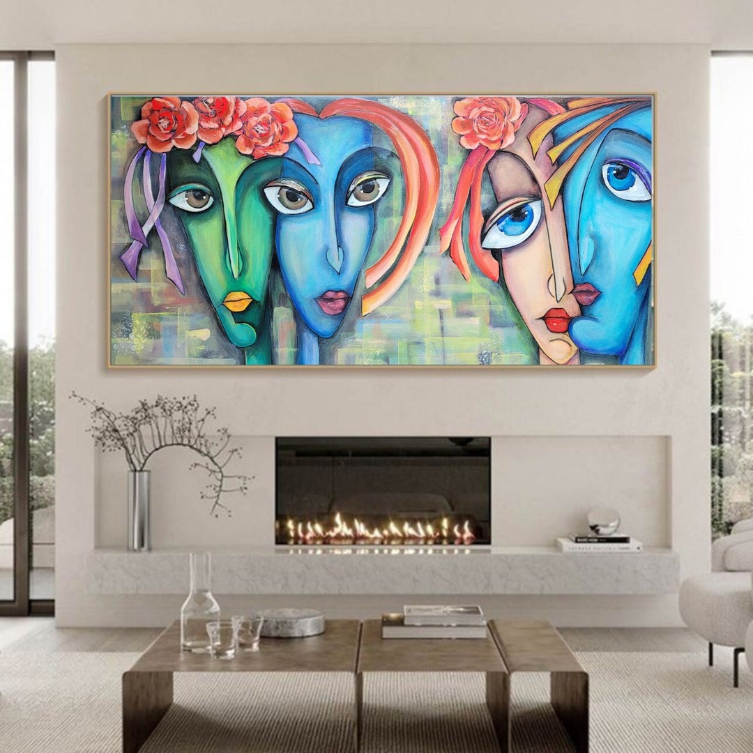 Long Horizontal Extra Large Wall Art: Picasso Style Colorful Figurative ...