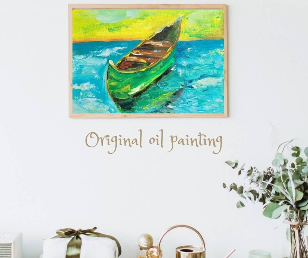 Preppy Wall Art: Small Original Landscape Painting of a River & Kayak ...