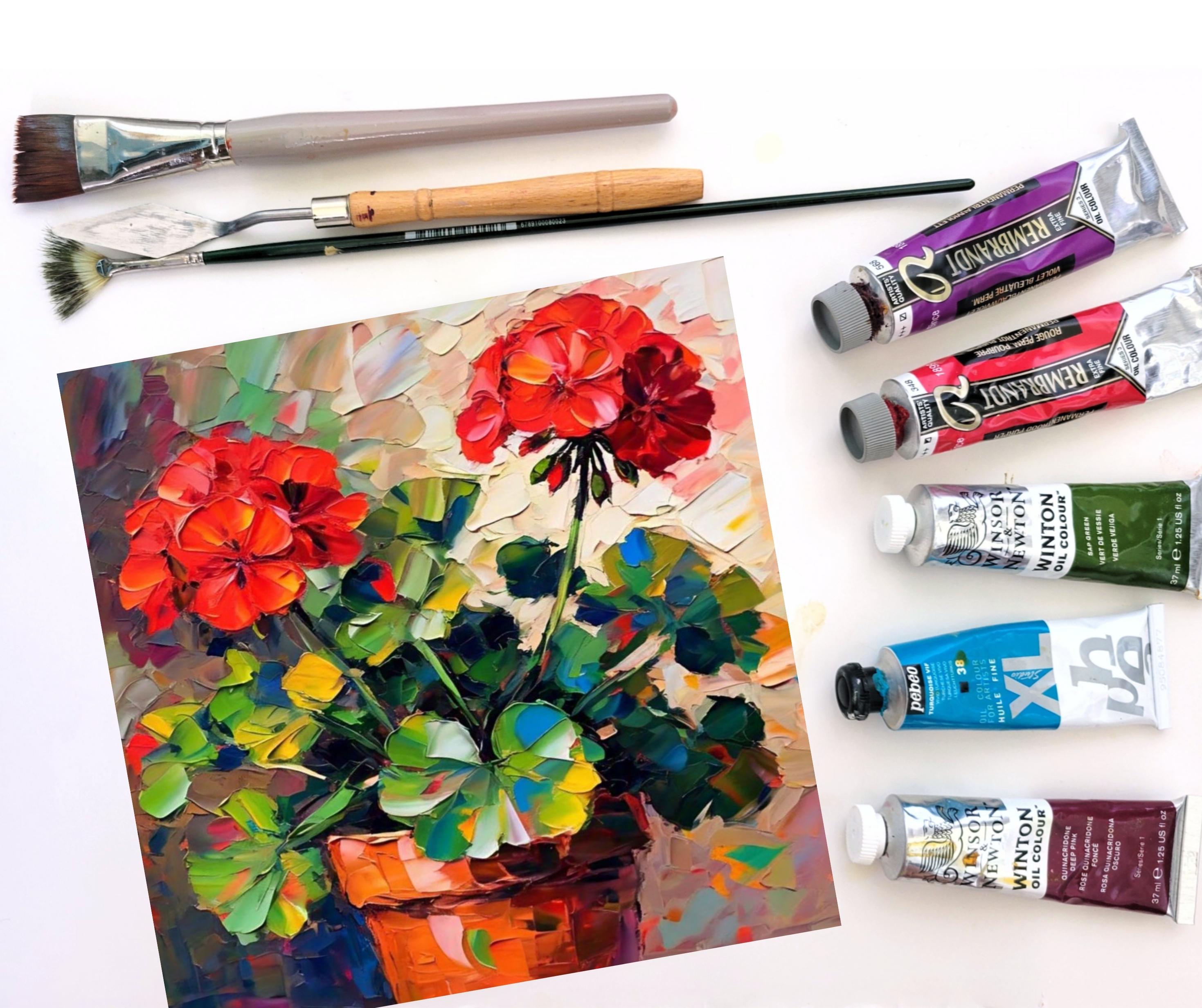 Geranium Oil Painting: Floral Original Art, Small Impressionist Artwork ...