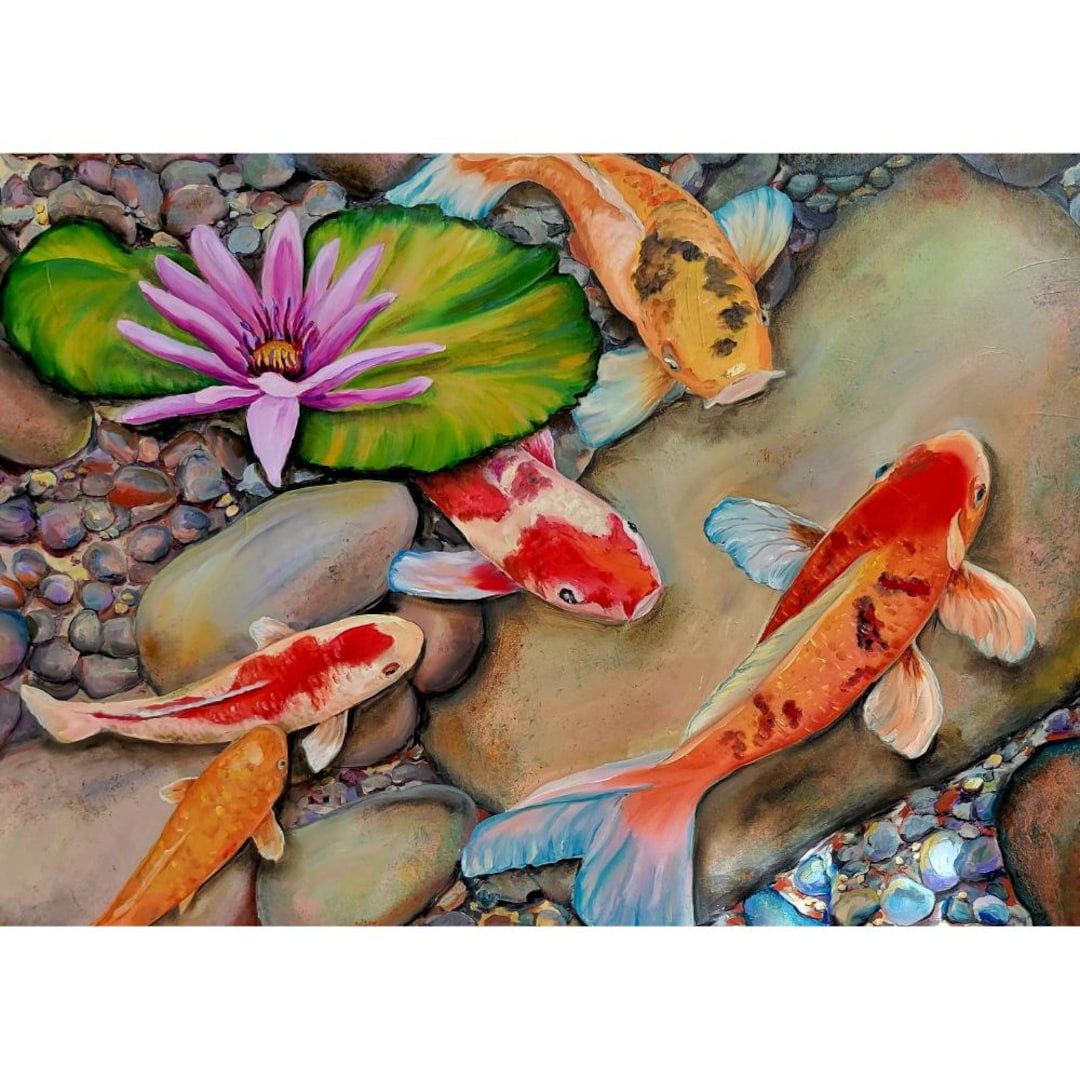Koi Carp Fish Original Custom Painting Canvas Commission Japanese Koi Fish Large Bright Wall Art ...