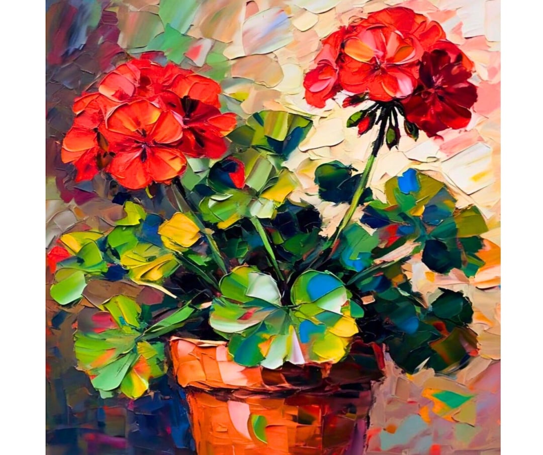 Geranium Oil Painting: Floral Original Art, Small Impressionist Artwork ...