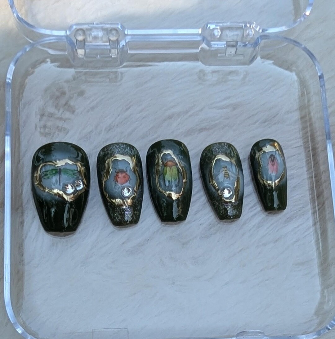 Bug Press on Nails, Garden Nails, Fairycore Nails, Wedding Nails, Fall ...