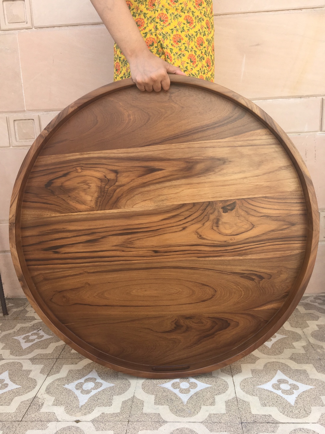 Farmhouse Ottoman Tray: Large Round Teak Wood Serving Tray - Etsy