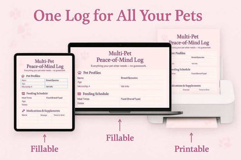 Multi-pet Sitter Printable Log | Fillable Pet Care Info Sheet | Dog ...