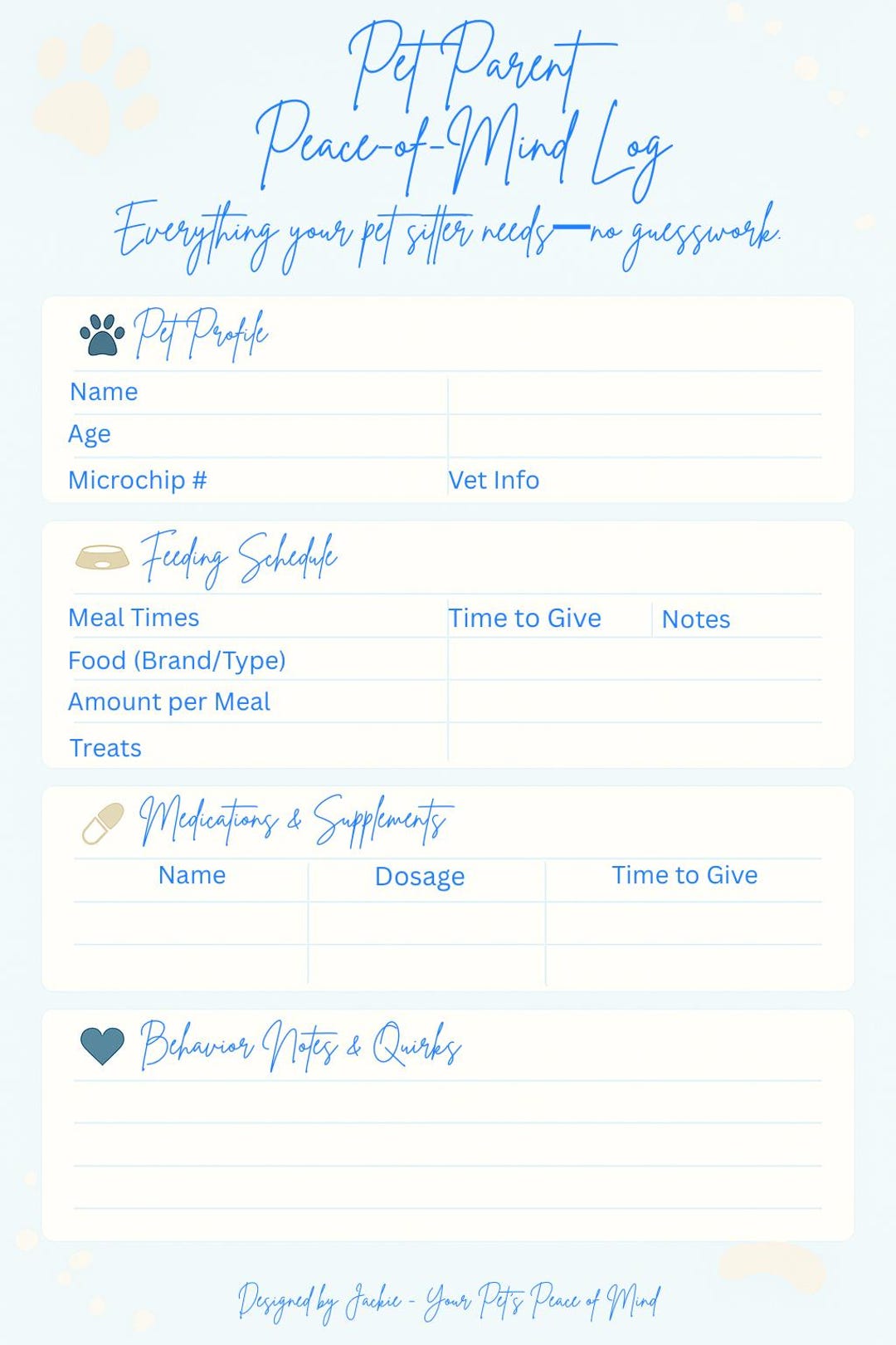 Pet Sitter Printable Log | Pet Info Sheet for Dog & Cat Care | Fillable ...