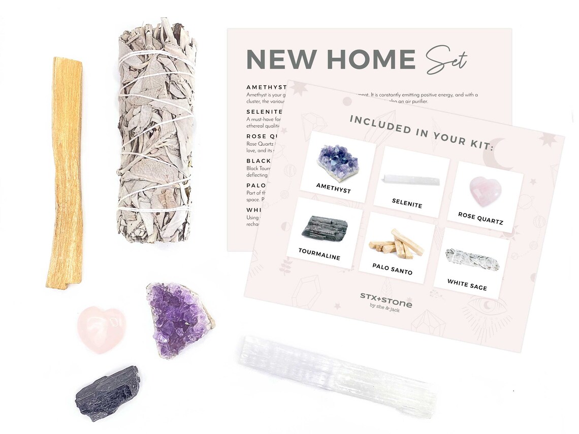 NEW HOME Crystal Kit - Amethyst, Selenite, Rose Quartz, Tourmaline ...
