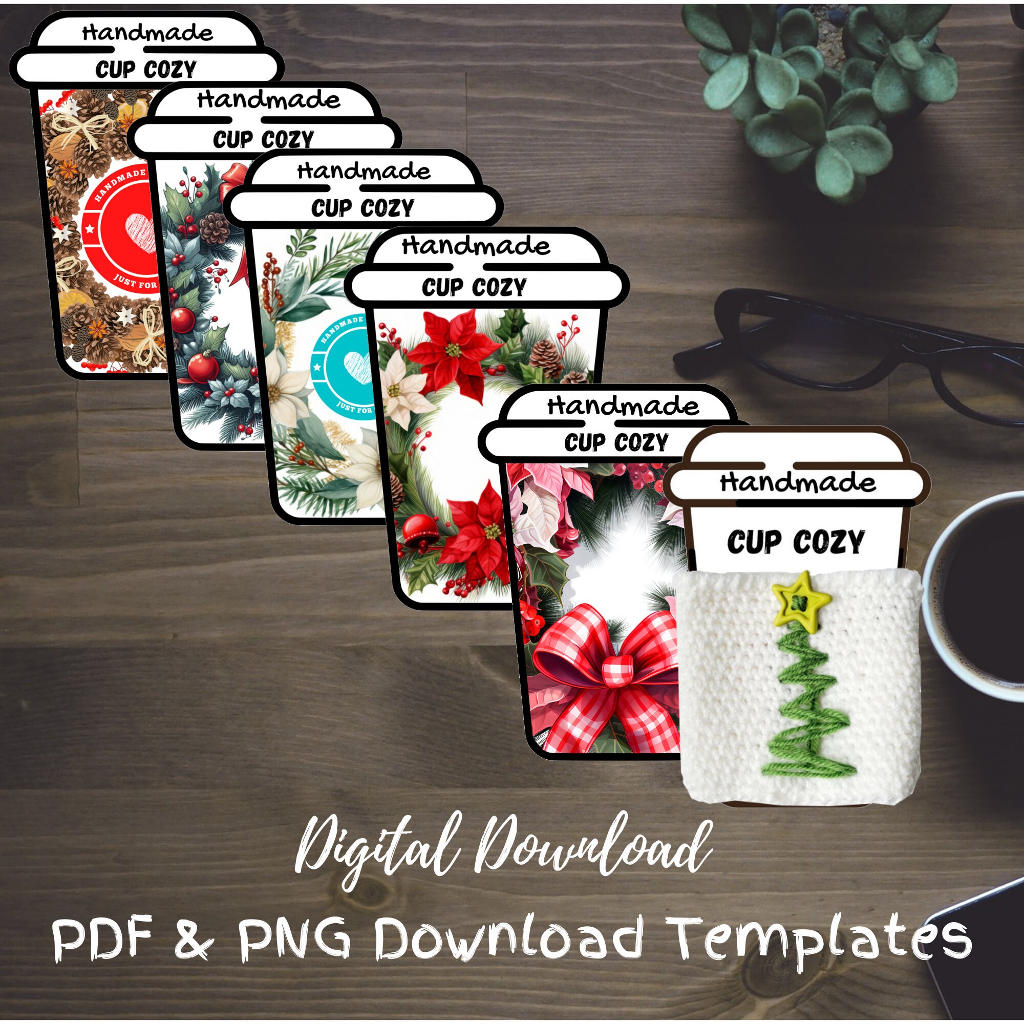 Cup Cozy PDF & PNG Printable Templates Christmas Wreath - Etsy