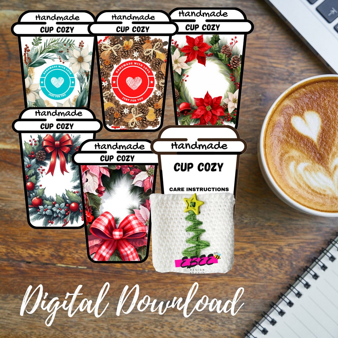 Cup Cozy PDF & PNG Printable Templates, Christmas Wreath Digital ...