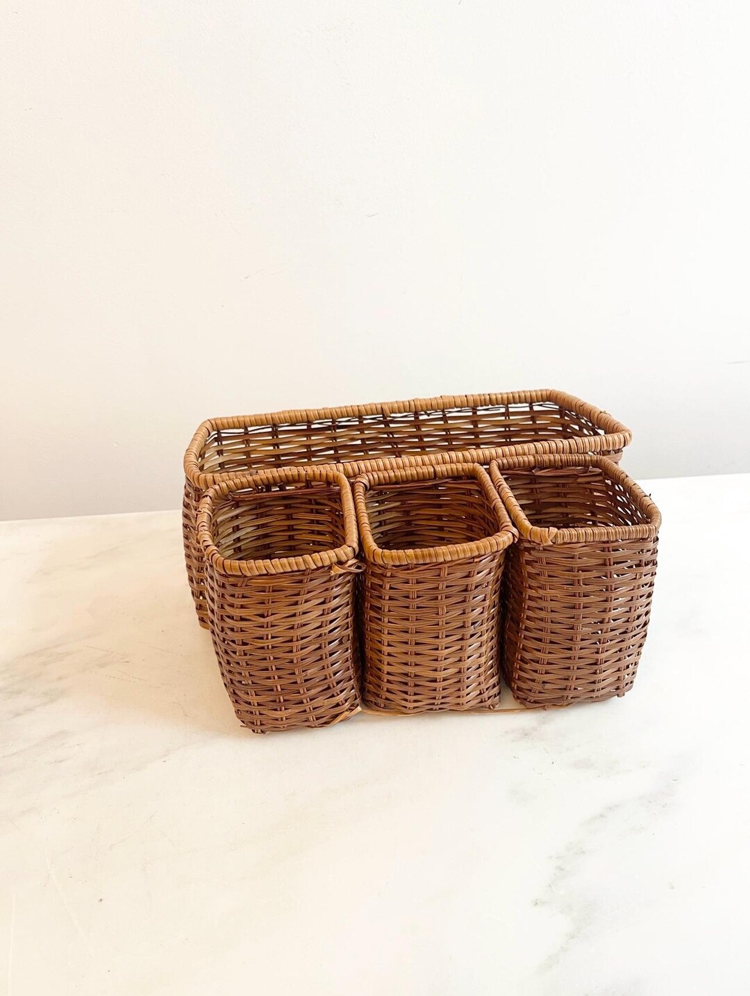 Vintage Brown Wicker Caddy Storage Holder; Rectangle Organization Home ...