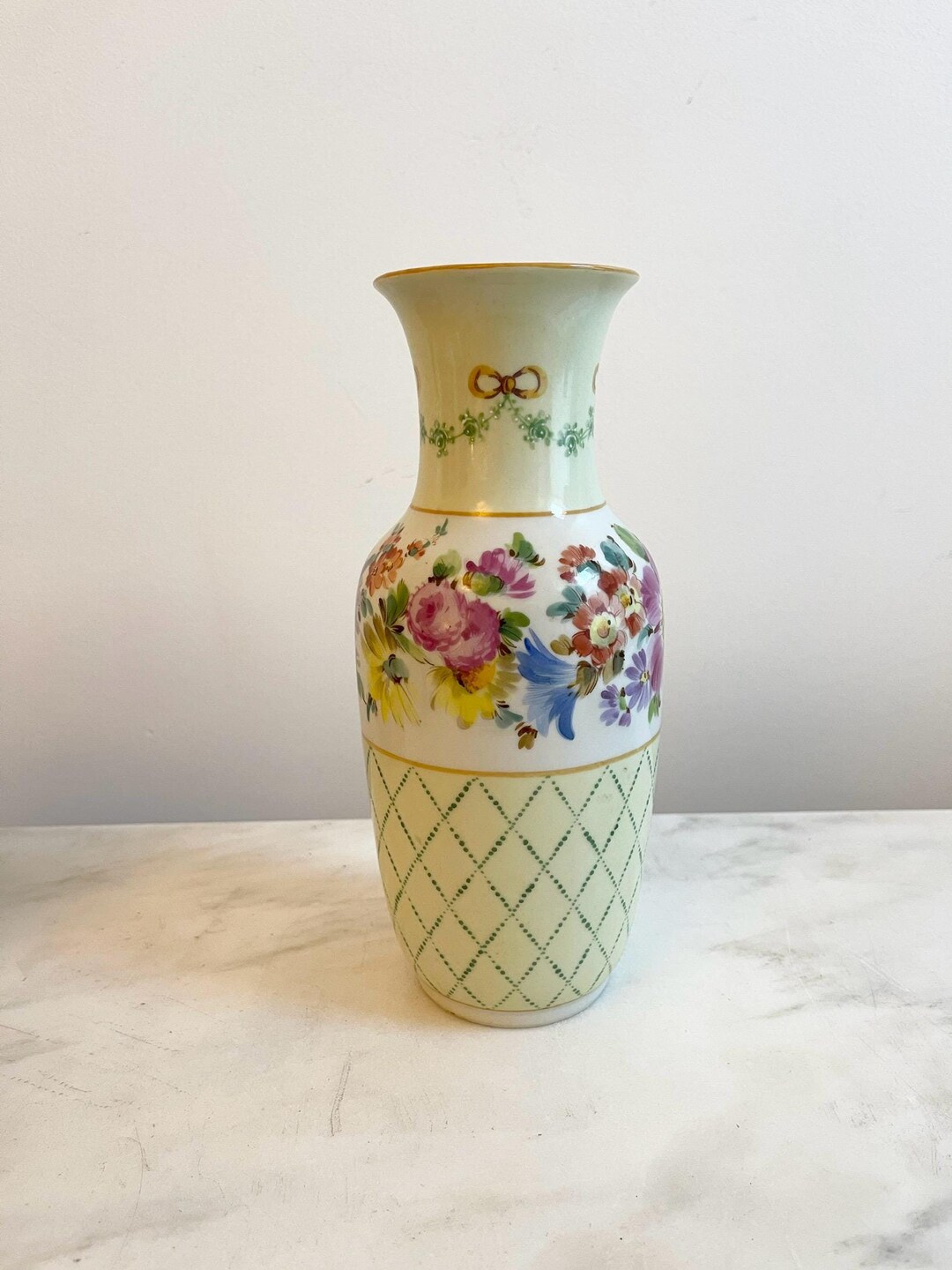 Bow and Flowers Dresden Antique Handpainted Vase; Cottagecore Yellow ...