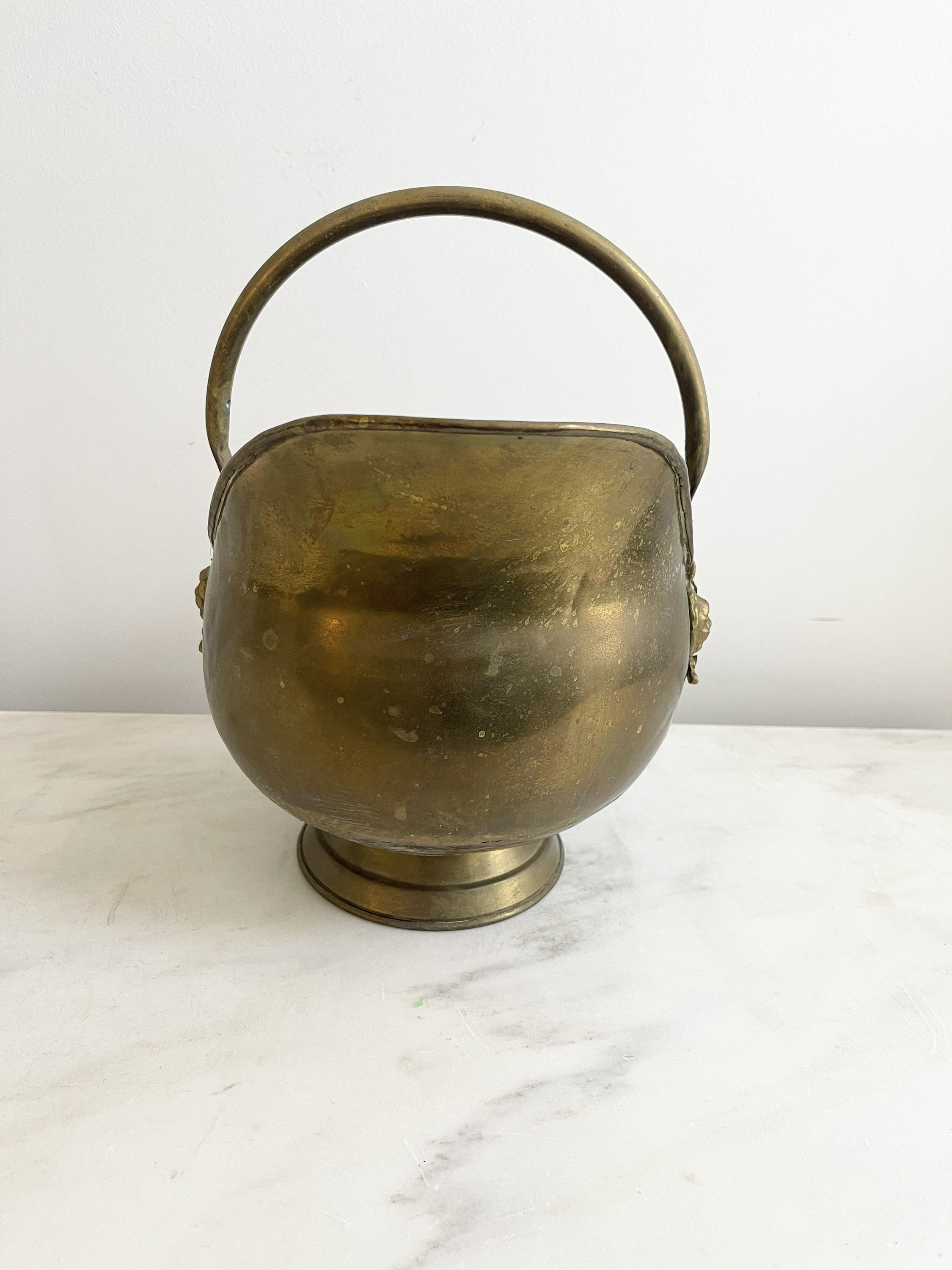 Vintage Brass Coal Bucket Lion Faces Blue and White Ceramic Handle ...