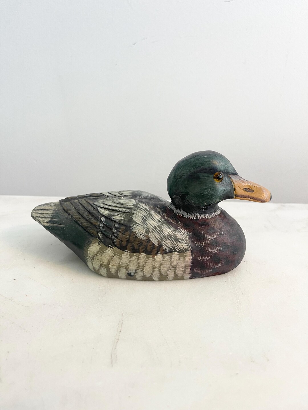 Vintage STONE Carved Duck Paperweight Decoy; Hand Painted Duck; Bird ...