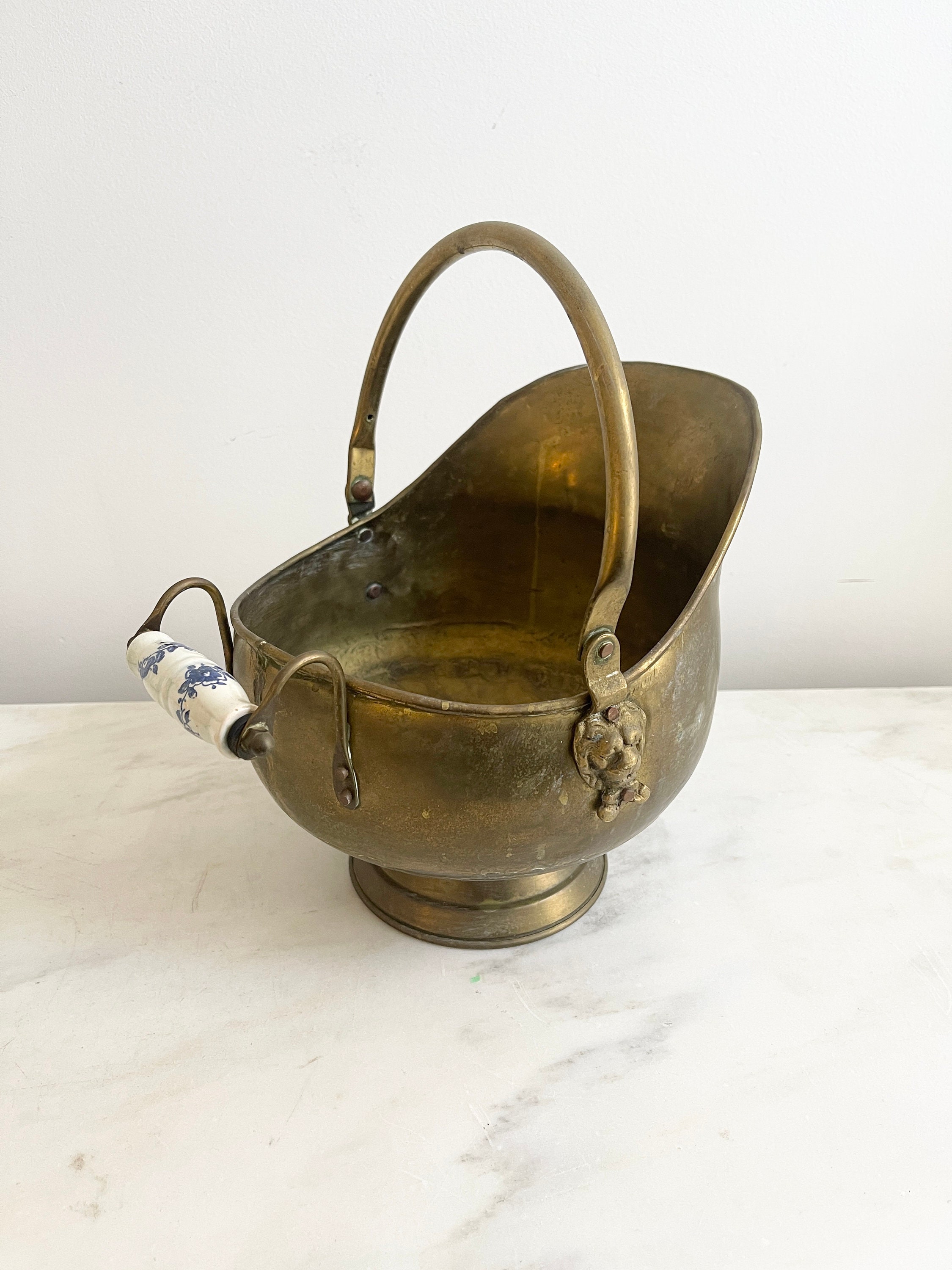 Vintage Brass Coal Bucket Lion Faces Blue and White Ceramic Handle ...