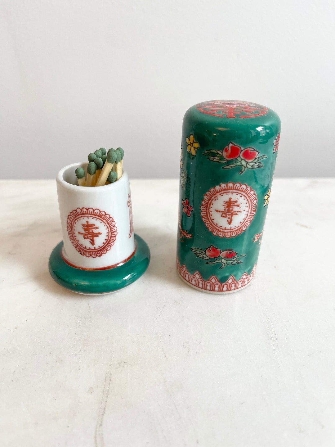 Teal Chinoiserie Matchstick Holder Floral Match Container Chinese Decor ...