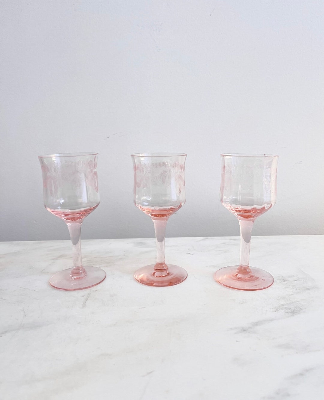 Set of Three Vintage Pink Cordial Etched Glass Glasses Depression Glass ...