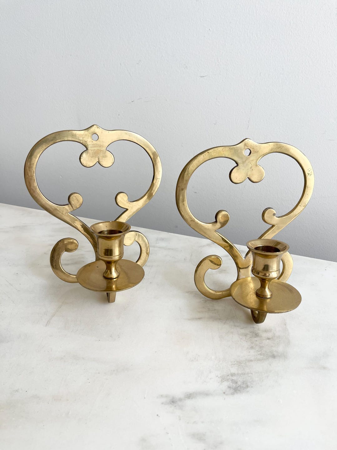 Brass Wall Sconce Candlestick Holders; Vintage Gold Colored Candle ...