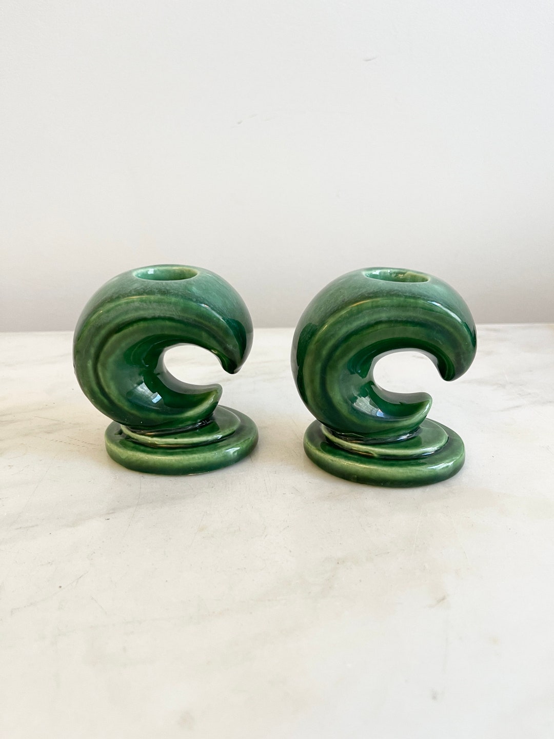 Green Pottery Candle Holders; Haeger Pottery Wave Curl Candlestick ...