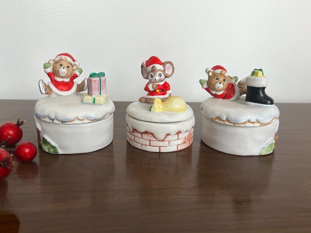 Vintage Christmas Trinket Boxes, HOMCO Bear Mouse Trinket Boxes, Girl ...