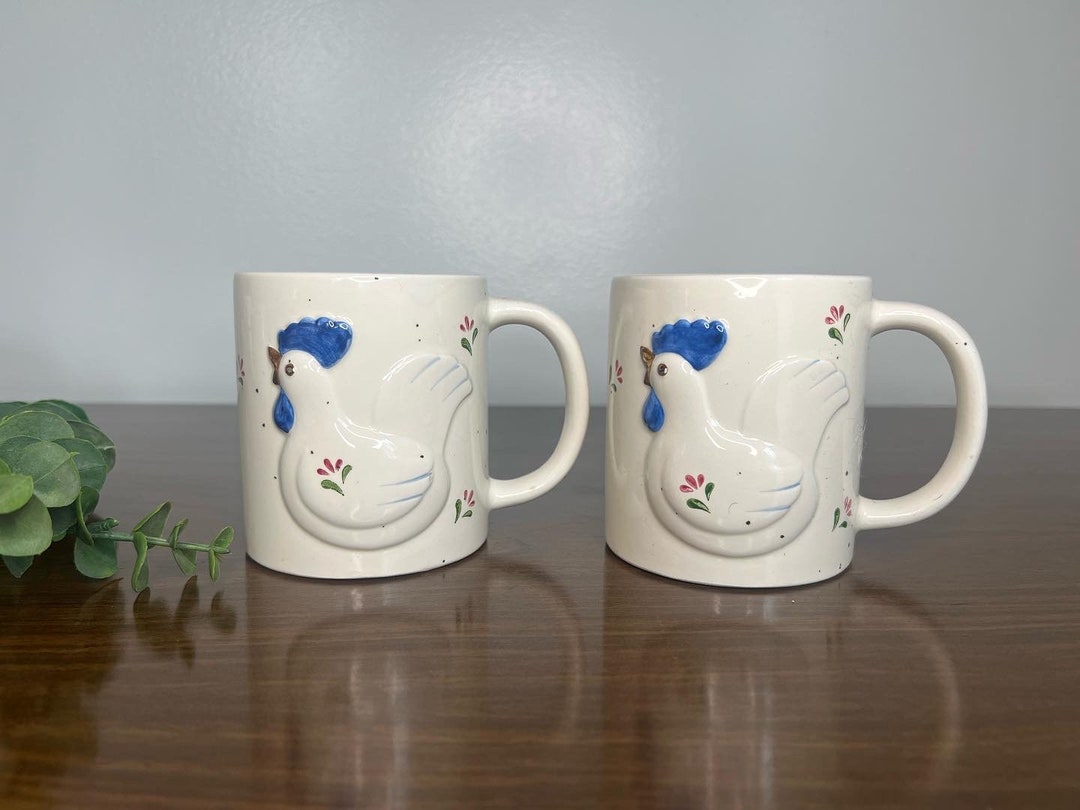 Vintage Otagiri Chicken Mugs, Raised Relief, Speckled off White Blue ...