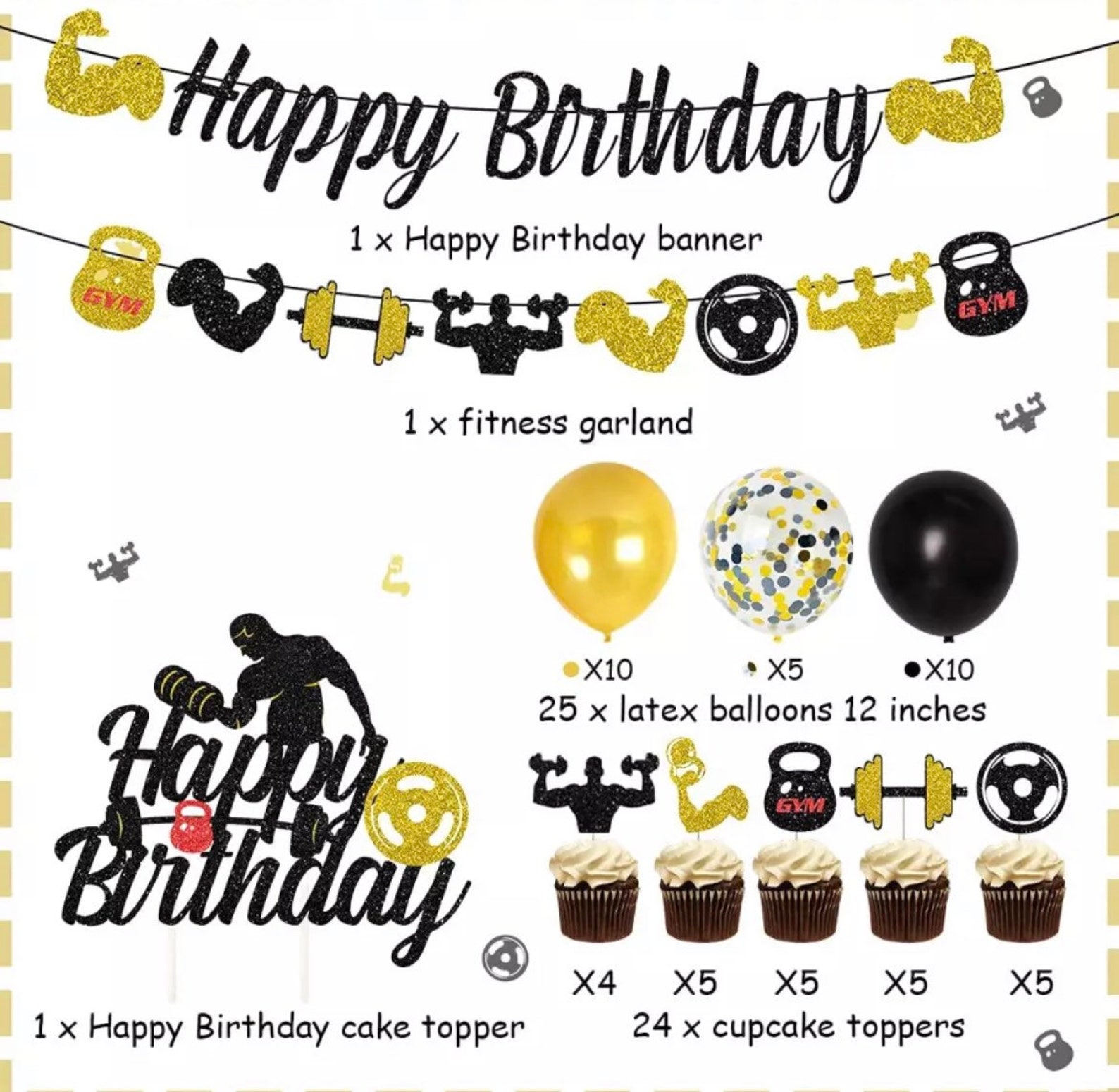 Gym Birthday Party Decorations Black and Gold Fitness Themed - Etsy UK
