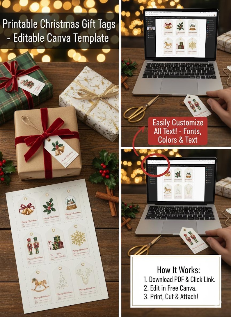 Editable Christmas Gift Tags: Canva Template, Vintage Designs (digital ...