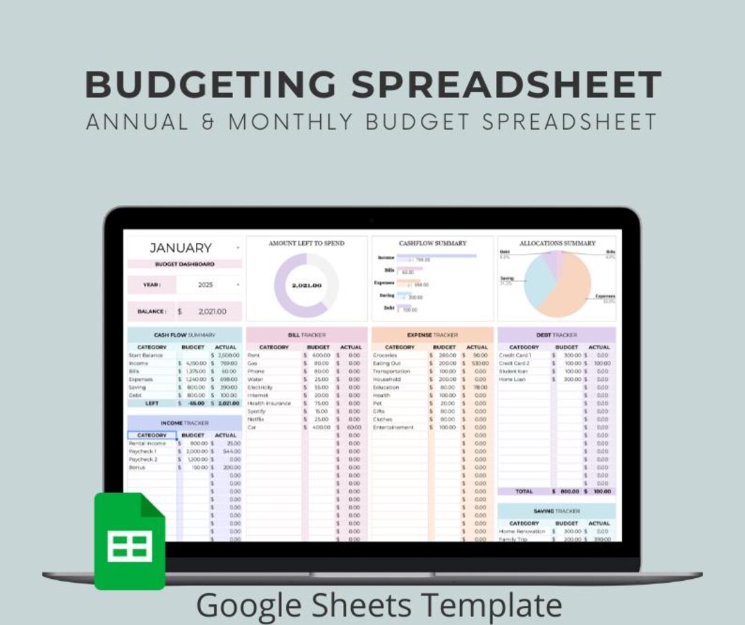 Monthly Budget Planner Spreadsheet Google Sheets, Annual Family Budget ...