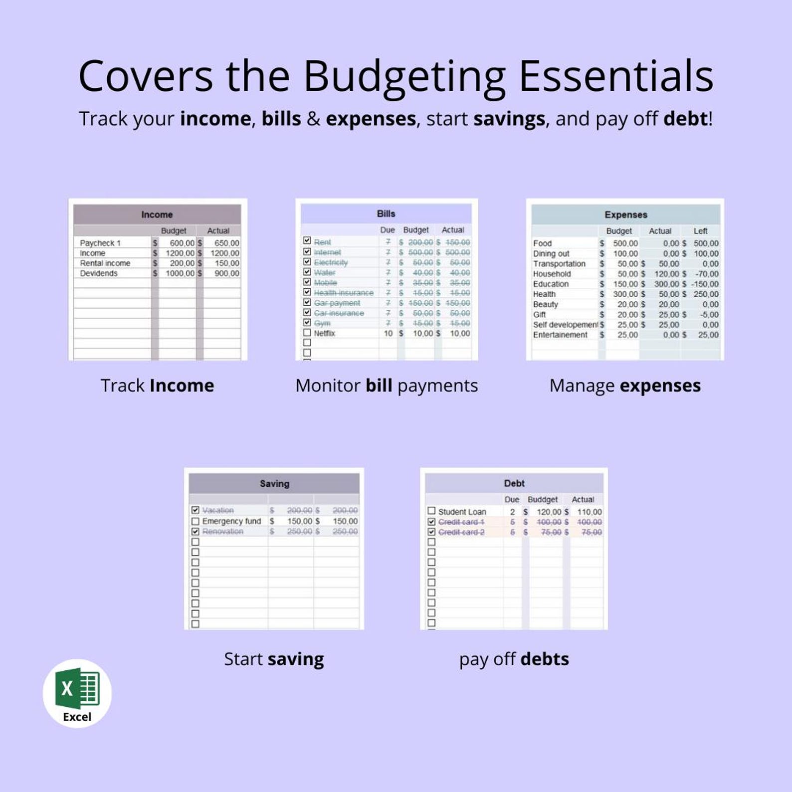 Budget Planner Excel With Formulas, Simple Budget Tracker, Saving Debt, Income and Expenses ...