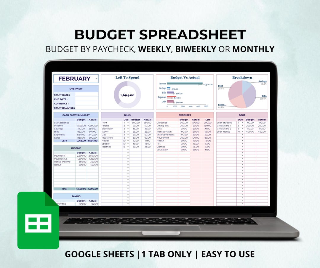 Monthly Budget Google Sheets Simple, Spreadsheet Template, Weekly ...