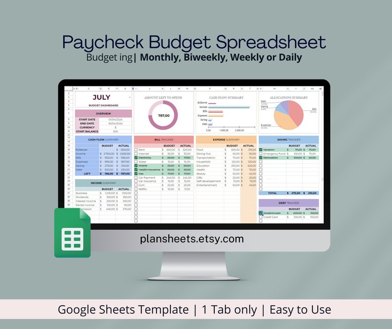 Budget Planner Google Sheets, Paycheck Budget Spreadsheet, Monthly ...