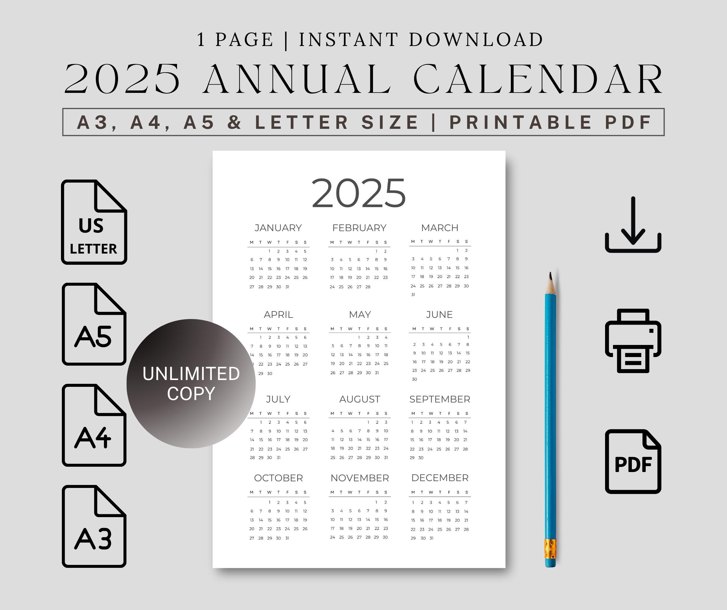 2025 Yearly Digital Calendar, Printable 2025 Calendar Vertical Sunday ...
