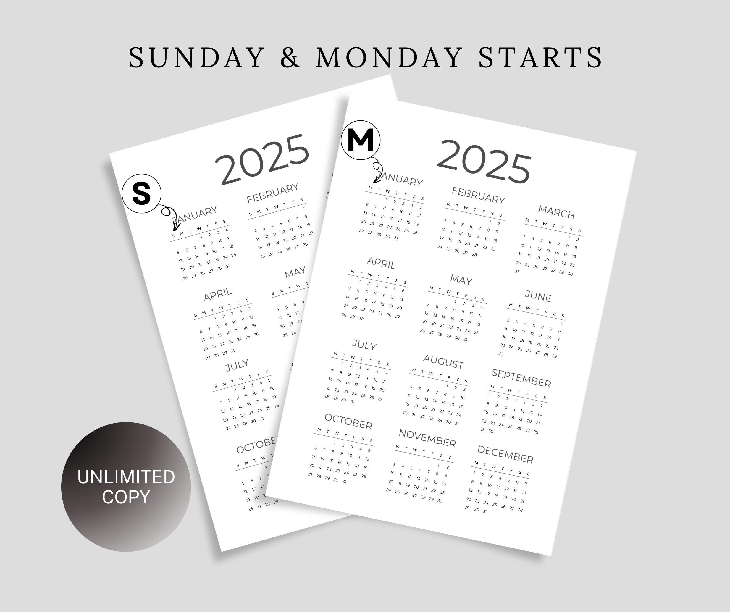 2025 Yearly Digital Calendar, Printable 2025 Calendar Vertical Sunday ...