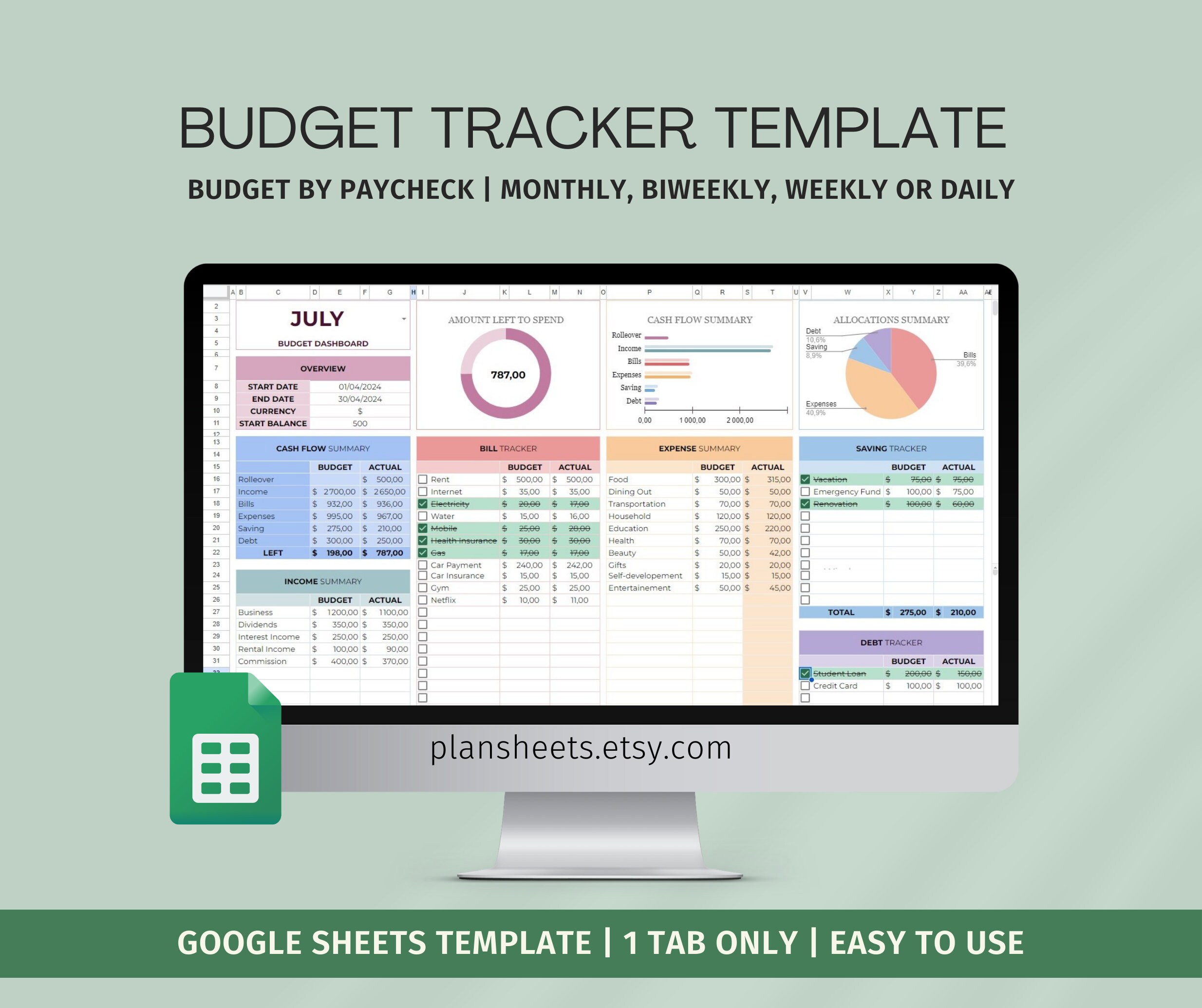 Budget Tracker Template Google Sheets, Easy Financial Planner, Monthly ...