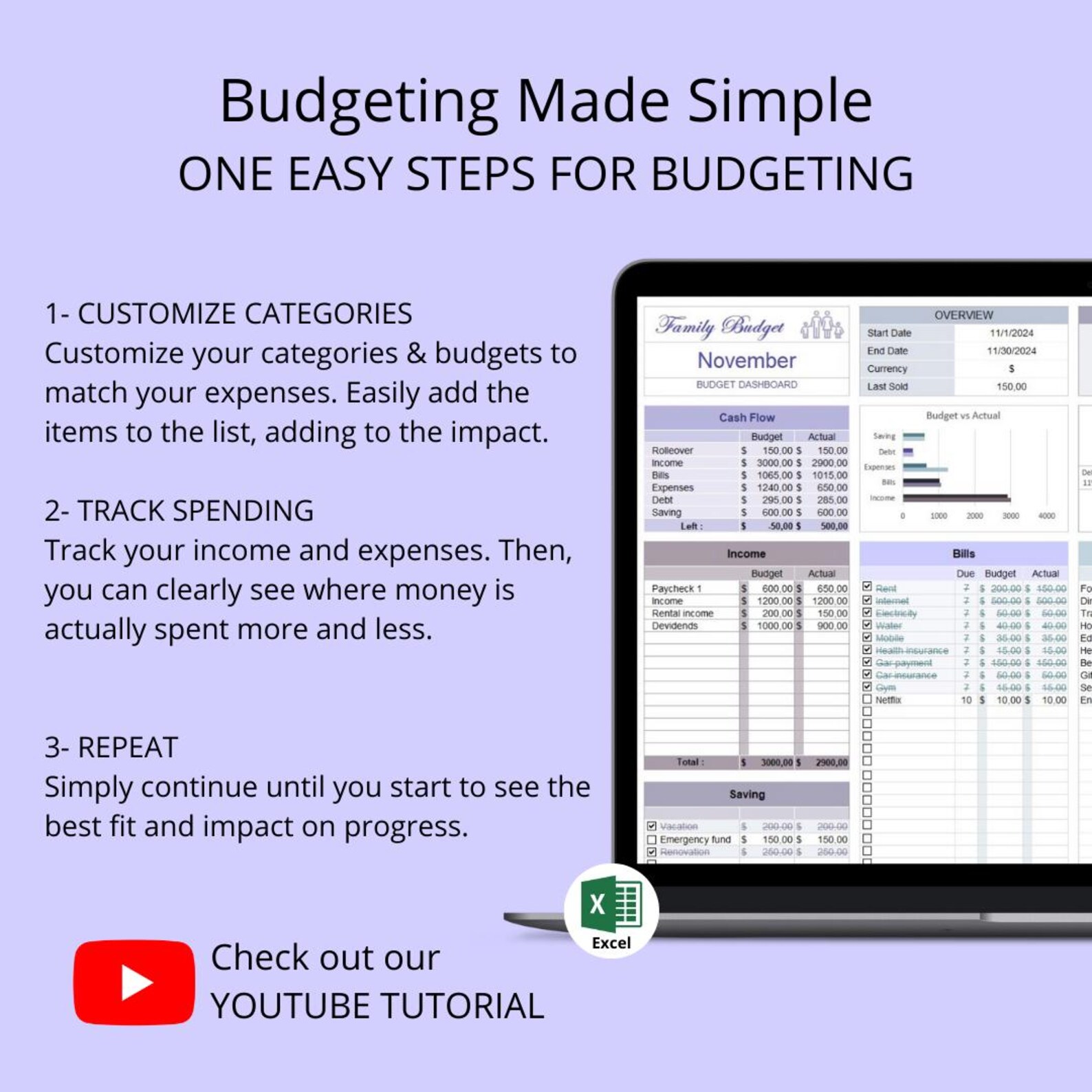 Budget Planner Excel With Formulas, Simple Budget Tracker, Saving Debt, Income and Expenses ...