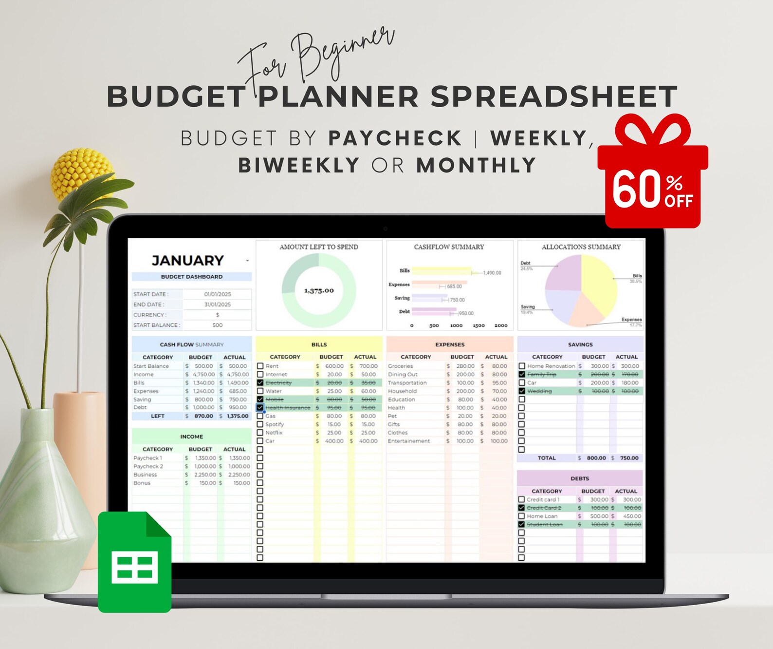 Budget by Paycheck Google Sheet, Monthly Budget Planner Spreadsheet ...