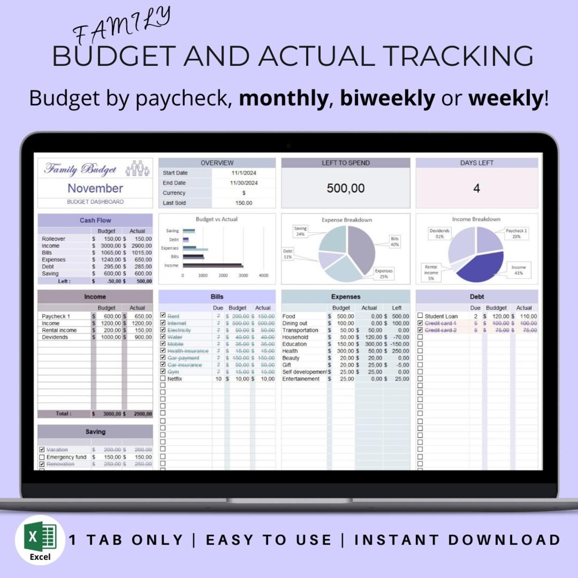 Budget Planner Excel With Formulas, Simple Budget Tracker, Saving Debt, Income and Expenses ...