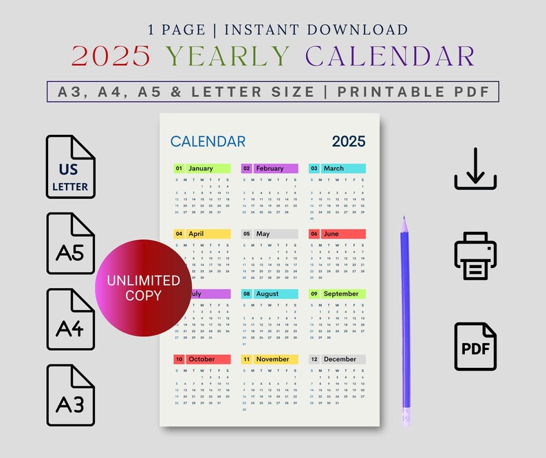 2025 Annual Calendar, 2025 Colorful Wall Calendar, Sunday and Monday ...