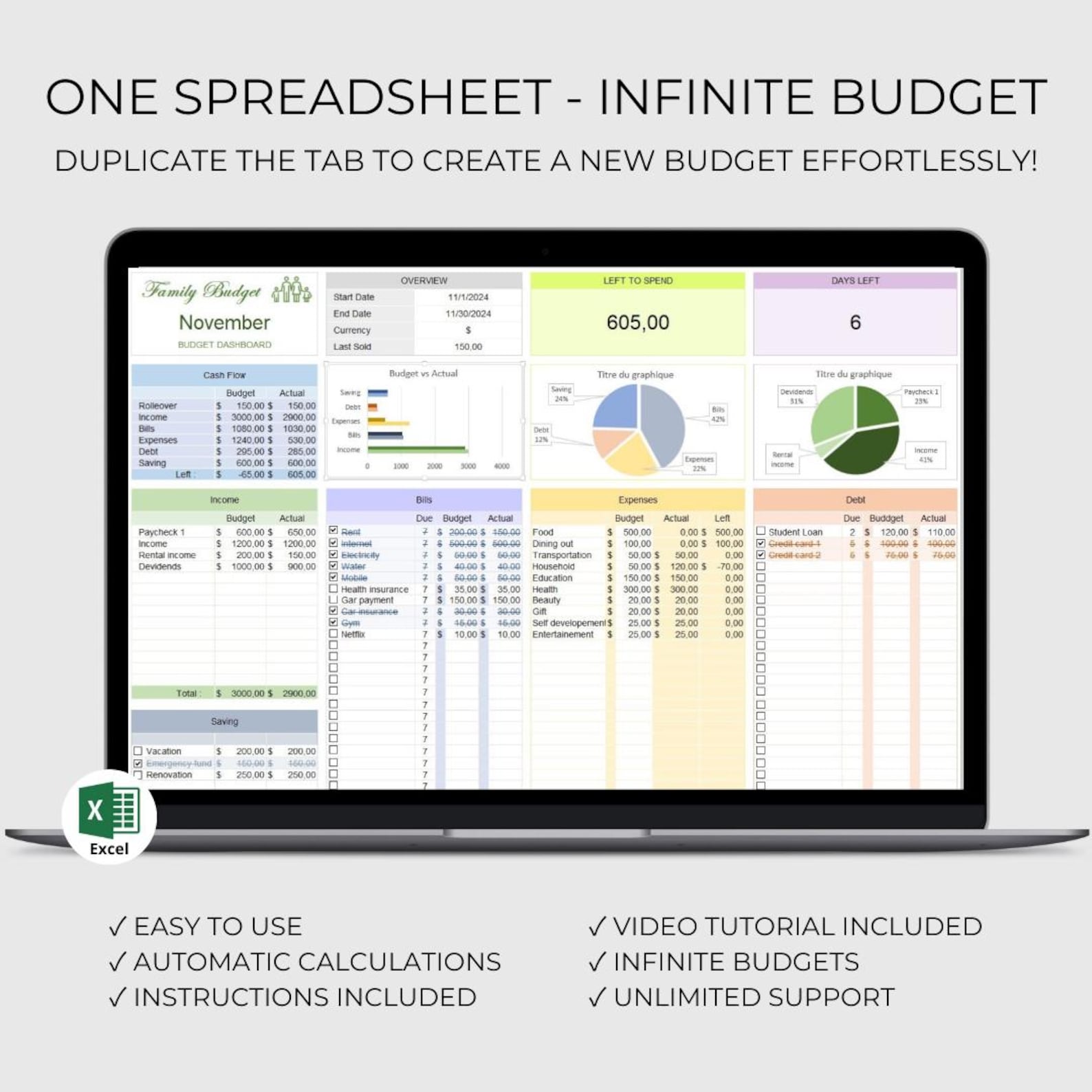 Family Budget Template Excel, Income and Expense, Bills Tracker, Debt ...