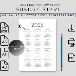 2025 Yearly Digital Calendar, Printable 2025 Calendar Vertical Sunday ...