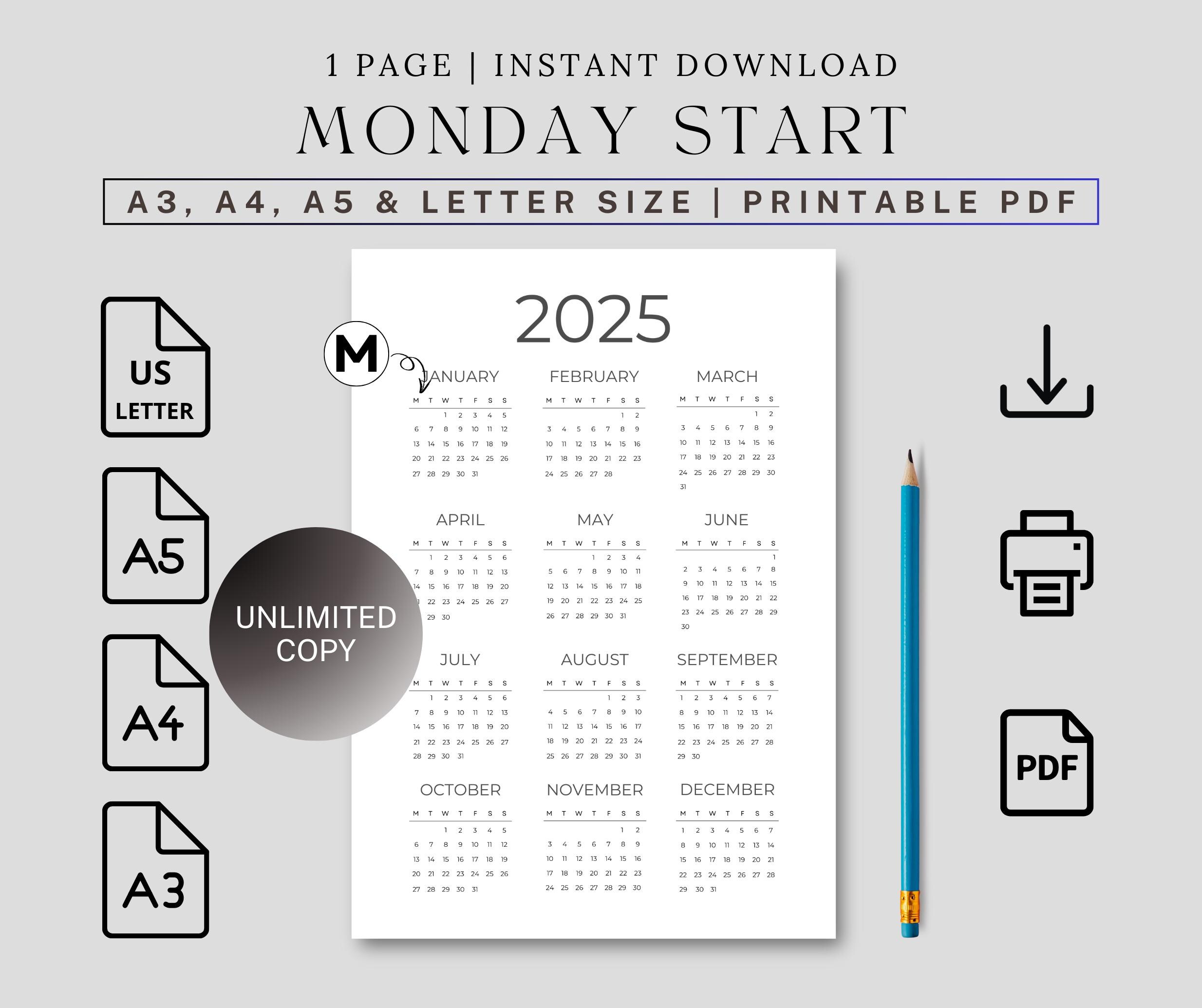 2025 Yearly Digital Calendar, Printable 2025 Calendar Vertical Sunday ...