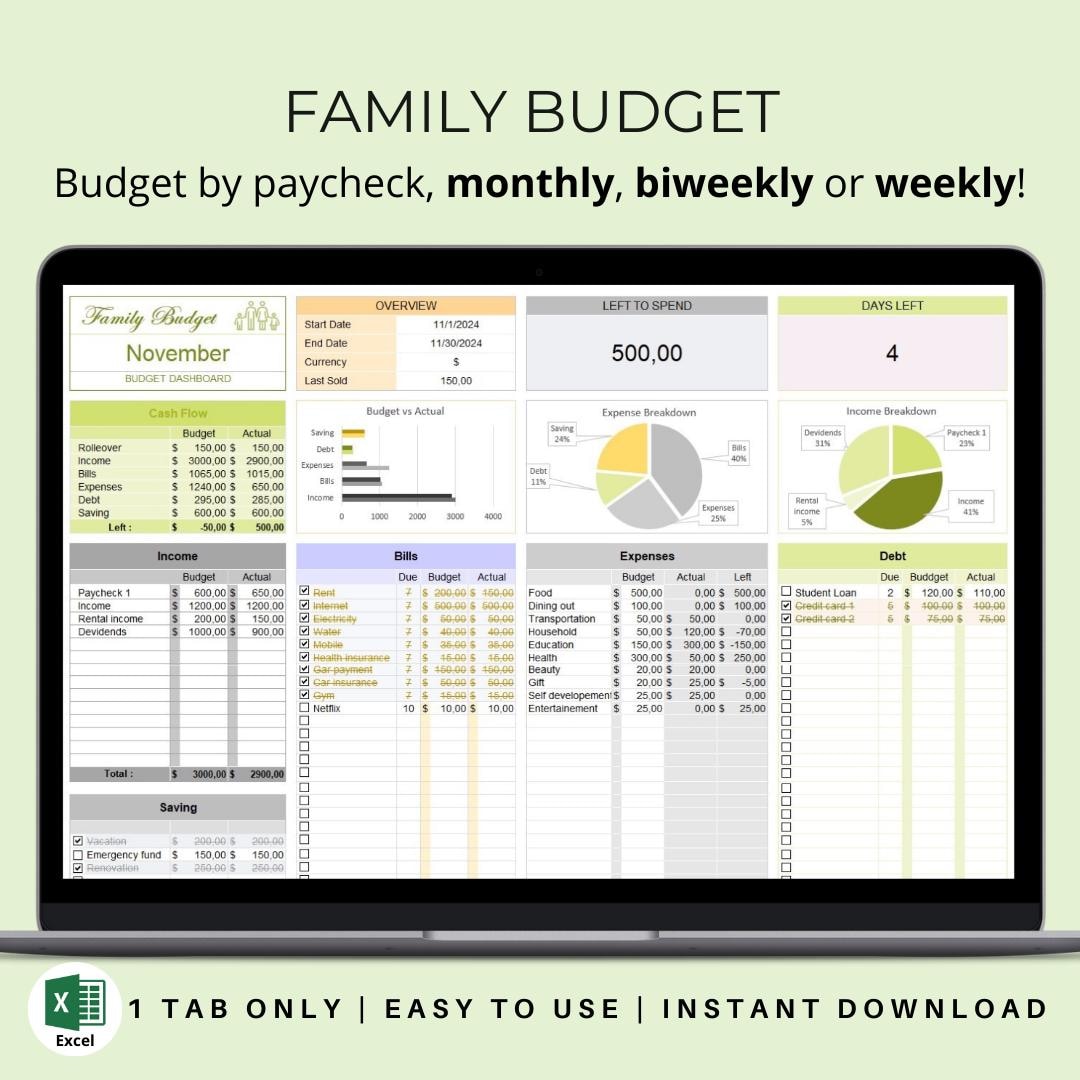 Family Budget Excel, Income and Expense Tracker, Bills Spreadsheet ...
