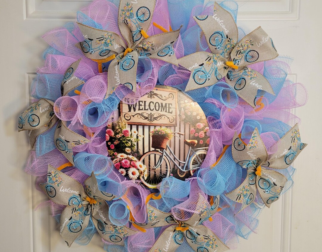 Light Blue and Pink Deco Mesh With Flower Wreath - Etsy