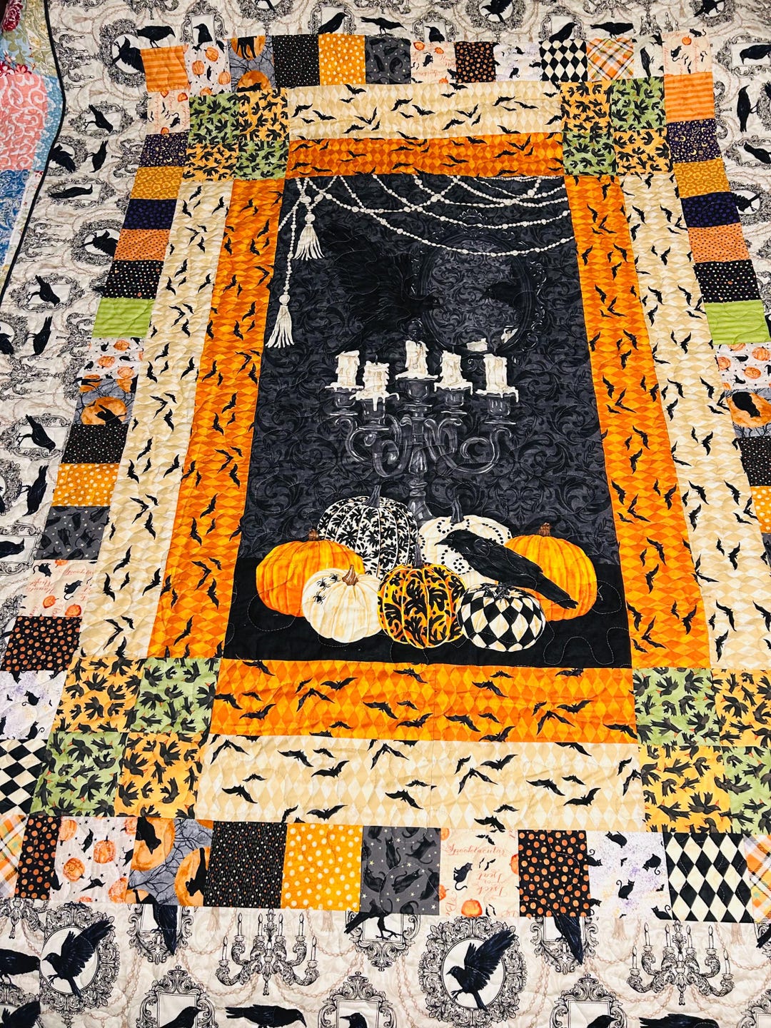 Candelabra, Raven Looking in a Mirror and Colorful Pumpkins Fall Quilt ...