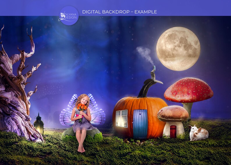 Fantasy Forest Digital Background; Fairy House in the Forest; Pumpkin ...