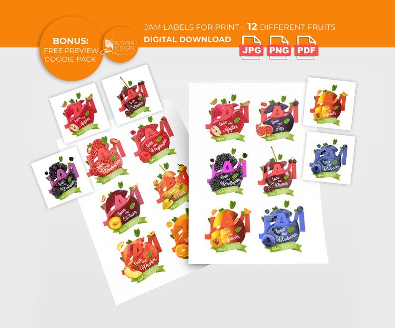 Printable Jam Labels; 12 Different Fruits; Many Sizes for Print ...