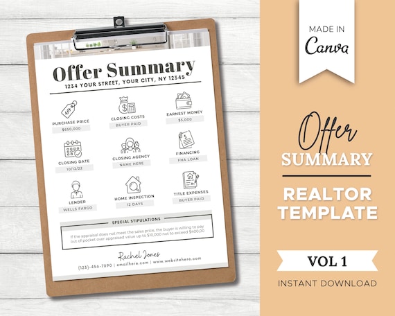 Real Estate Offer Summary Cover Sheet Real Estate Marketing - Etsy