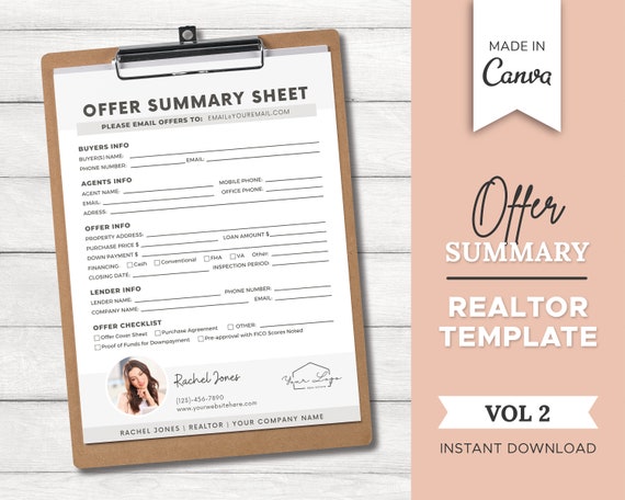 Real Estate Offer Summary Sheet V2 Real Estate Marketing | Etsy