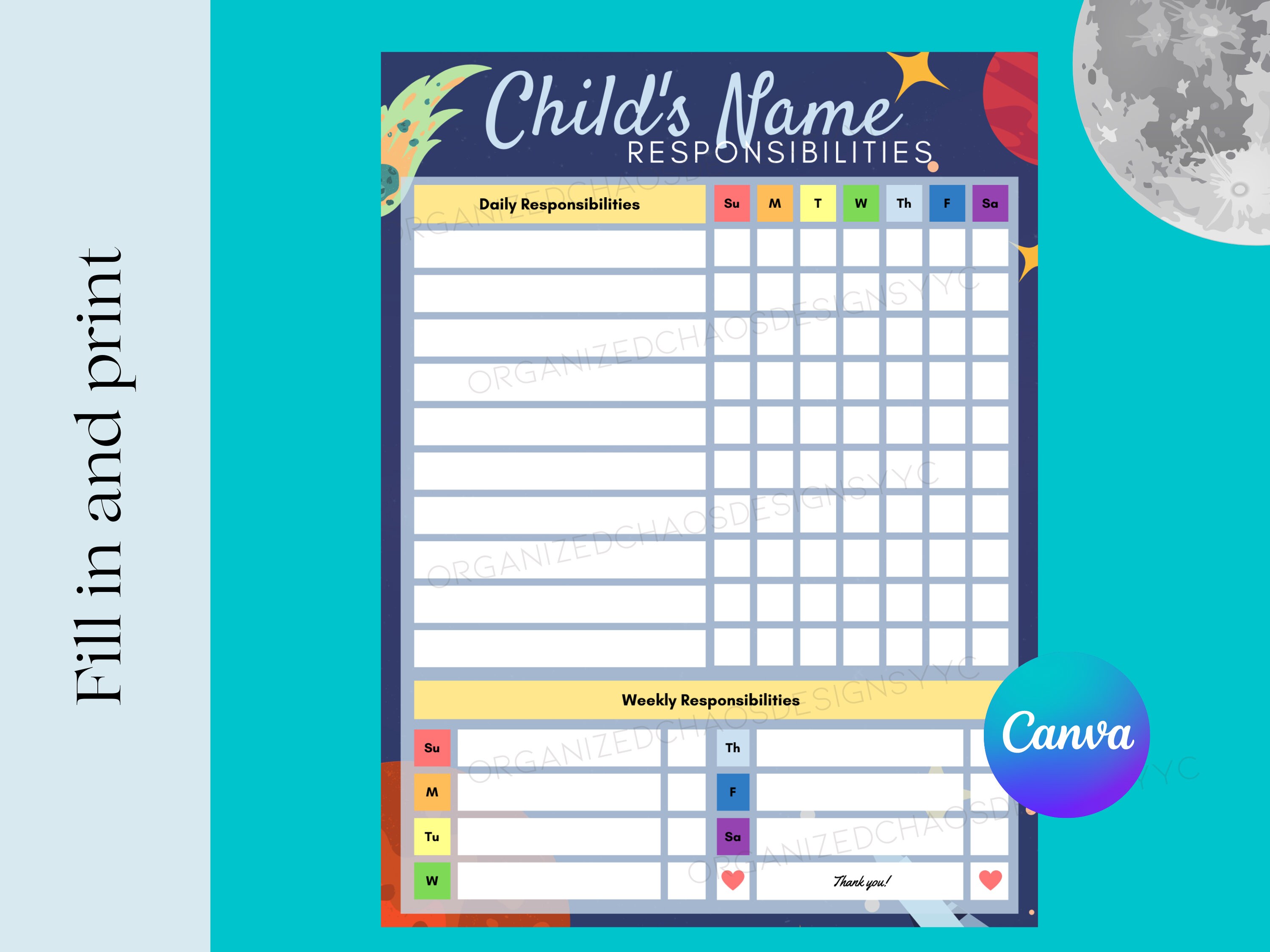 Responsibility Chore Chart for Kids Editable Daily Weekly Routine ...