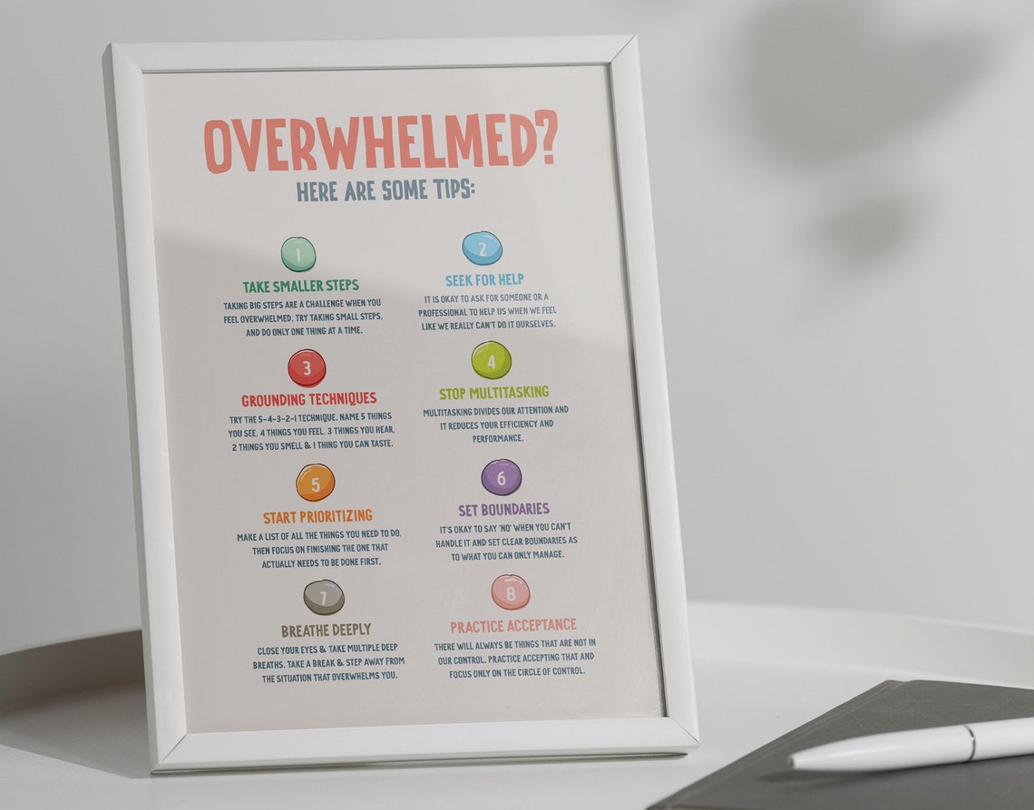 Overwhelmed Tips Printable Poster Therapy Office Decor | Etsy