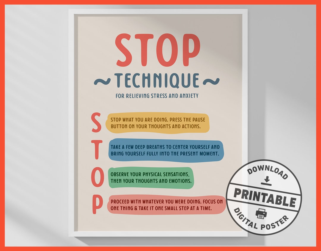 Therapy Office Decor, STOP Technique, Printable Poster, Stress and ...